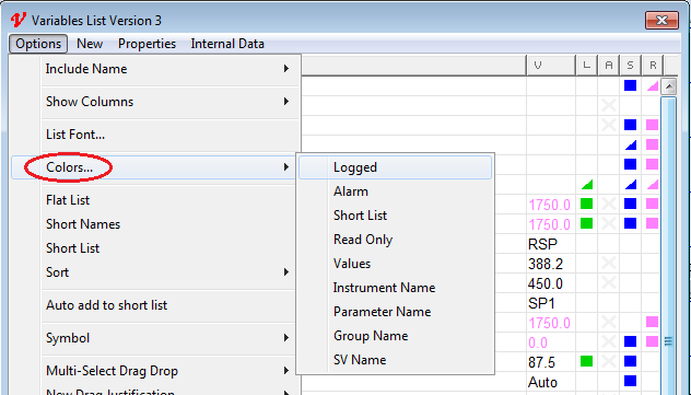 Editing a SpecView Project > Editing GDWs - Graphical Display Windows > Variables List ...