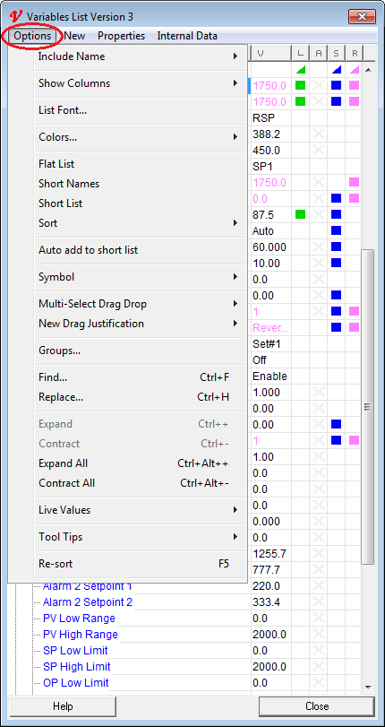 Editing a SpecView Project > Editing GDWs - Graphical Display Windows > Variables List ...